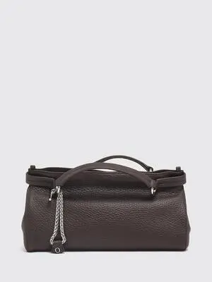 Orciani Virgo Grained Leather Handbag With Double Handle And Logo Charm - Dark