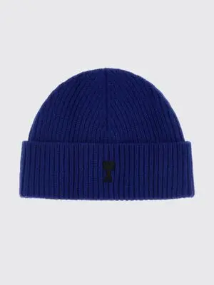 AMI Paris Beanie In Pure Virgin Wool With Cuff And Contrast Logo Blue