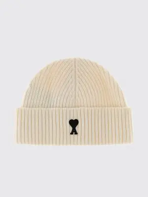 AMI Paris Beanie In Pure Virgin Wool With Cuff And Contrast Logo Ecru
