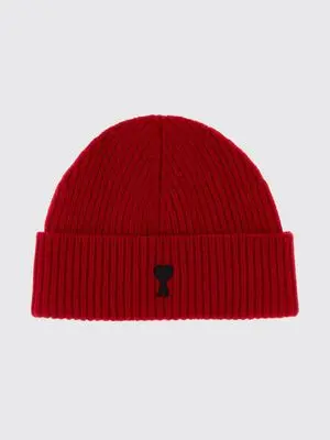 AMI Paris Beanie In Pure Virgin Wool With Cuff And Contrast Logo - Red
