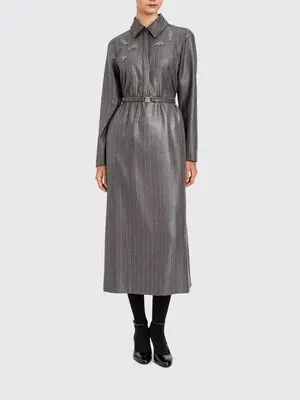 TWINSET Belted Pinstripe Midi Shirt Dress In Viscose Blend - Charcoal