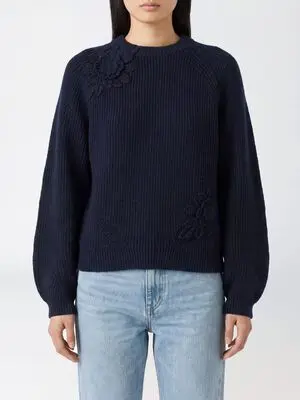 TWINSET Wool Blend Crewneck Jumper With Floral Embroidery Appliqu - Blue