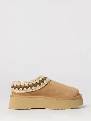 Mou Suede Platform Mules With Contrast Stitching And Wool-lined Interior - Beige