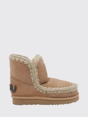 Mou Eskimo Sheepskin Ankle Boots With Embroidery And Glitter Logo Back - Beige