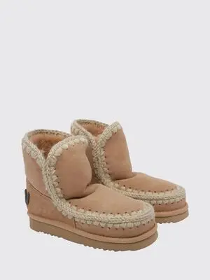 Mou Eskimo Sheepskin Ankle Boots With Embroidery And Glitter Logo Back - Beige