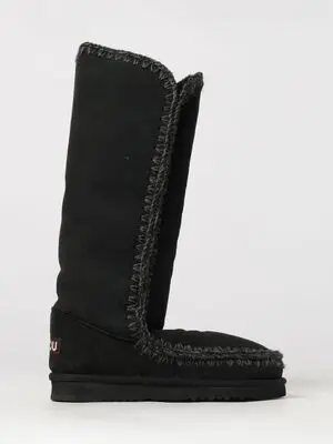 Mou Eskimo Knee-high Boots In Suede With Wool Lining And Contrast Stitching - Black