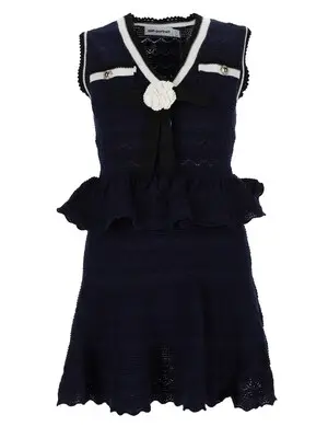 SELF-PORTRAIT Mini Abito In Maglia Traforata Con Volant - Blue
