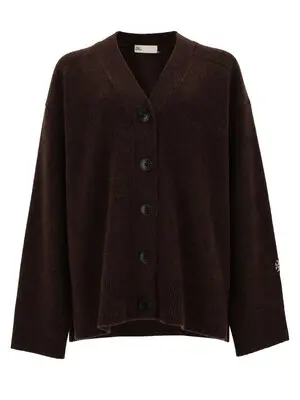 Tory Burch Cardigan In Lana Con Logo - Brown