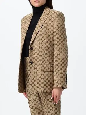Gucci Single-breasted Slim Fit Blazer In Cotton-blend With Gg Monogram - Cream