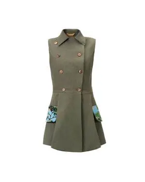 RONDOOZ Hand Painted Denim Mini Dress With Antique French Gobelin Tapestry & Hand Applied Embellishmen - Green