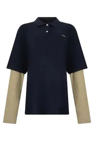 Miu Miu Double-layer Zip Polo Shirt With Embroidered Logo - Blue