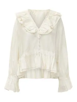 GANNI Habotai Frill Blouse - Egret