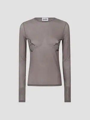 JEAN PAUL GAULTIER Long Sleeve Mesh Top With Embroidery - Darkgrey