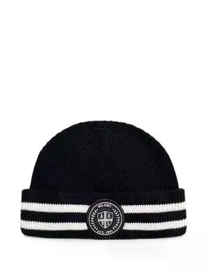 Armani Exchange Logo-patch Striped-pattern Beanie Hat - Black