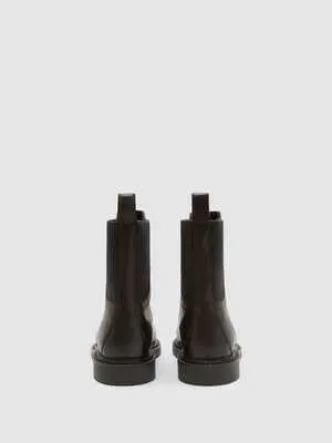 REISS Lennon Leather Flat Ankle Boots - Chocolate