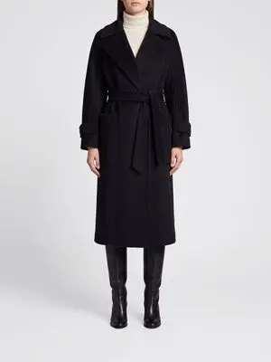 Max Mara Long Belted Robe Coat In Wool With Classic Lapels And A Back Vent - Black