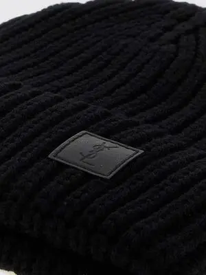 Saint Laurent Ribbed Wool Beanie With Cuff And Monogram - Black