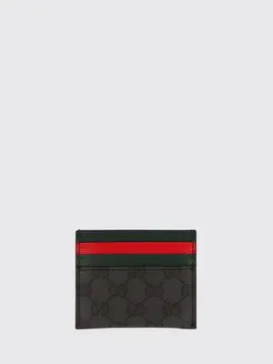 Gucci Gg Supreme Fabric Flat Card Holder With Web Detail And Leather Trim - Black
