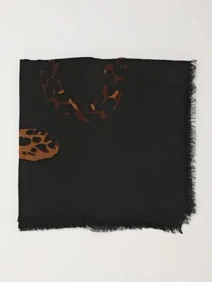 Saint Laurent Animal Print Wool Square Scarf With Monogram - Black