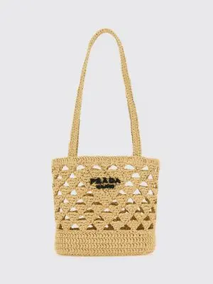 Prada Mini Embroidered Logo Perforated Crochet Raffia Bag - Cream