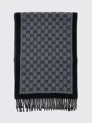 Gucci Gg Monogram Merino Wool Scarf With Fringed Hem - Black