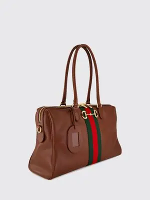 Gucci Calfskin Leather Shoulder Bag With Horsebit Detail And Web Stripe - Brown