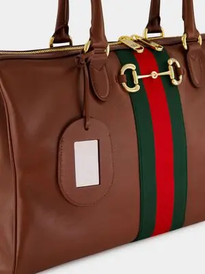 Gucci Calfskin Leather Shoulder Bag With Horsebit Detail And Web Stripe - Brown