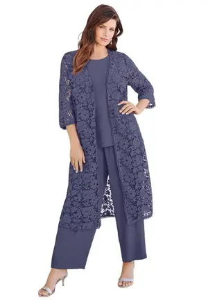 Roaman's Extended Plus Size 3 Piece Allover Lace Duster Pant Set Formal Wear Deep Dusk