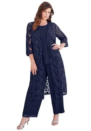 Roaman's Extended Plus Size 3 Piece Allover Lace Duster Pant Set Formal Wear Navy
