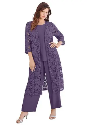Roaman's Extended 3 Piece Allover Lace Duster Pant Set Formal Wear - Purple Grape
