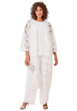 Roaman's Extended Plus Size 3 Piece Allover Lace Duster Pant Set Formal Wear White