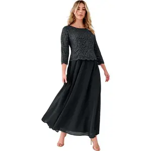 Roaman's Extended Plus Size Sequin Lace Three Quarter Sleeve A Line Gown Black
