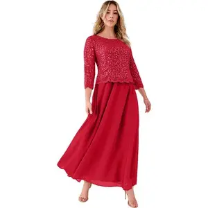 Roaman's Extended Plus Size Sequin Lace Three Quarter Sleeve A Line Gown Classic Red