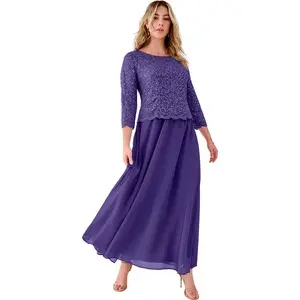 Roaman's Extended Plus Size Sequin Lace Three Quarter Sleeve A Line Gown Midnight Violet