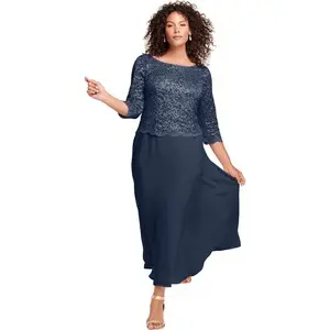 Roaman's Extended Plus Size Sequin Lace Three Quarter Sleeve A Line Gown Navy