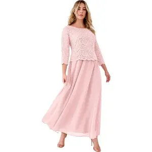 Roaman's Extended Sequin Lace Three Quarter Sleeve A Line Gown - Pale Blush