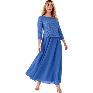 Roaman's Extended Plus Size Sequin Lace Three Quarter Sleeve A Line Gown True Blue