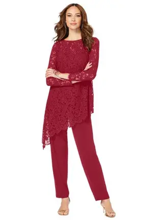 Roaman's Extended Asymmetrical Lace Pant Set Long Sleeve Lace Scalloped Tunic & Elastic Waist Pants - Classic Red