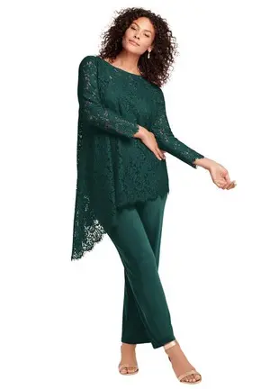 Roaman's Extended Asymmetrical Lace Pant Set Long Sleeve Lace Scalloped Tunic & Elastic Waist Pants - Emerald Green