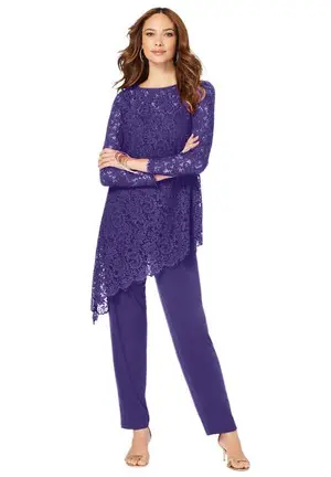 Roaman's Extended Plus Size Asymmetrical Lace Pant Set Long Sleeve Lace Scalloped Tunic & Elastic Waist Pants (plus) Midnight Violet