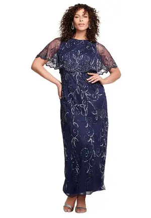 Roaman's Extended Plus Size Beaded Capelet Maxi Gown Glam Evening Dress Navy