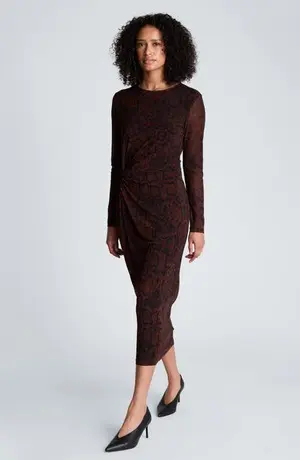 KENNETH COLE Knot Front Long Sleeve Midi Dress - Medium Bark Multi
