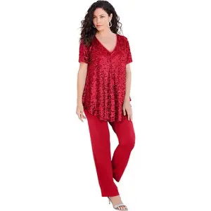 Roaman's Extended 2 Piece S/s Sequin Top And Pant Set - Classic Red