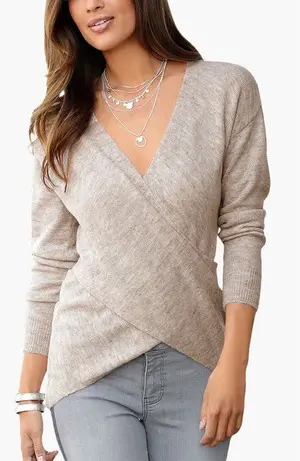 LASCANA V-neck Crossover Sweater - Beige