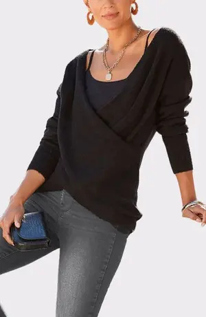 LASCANA V-neck Crossover Sweater - Black