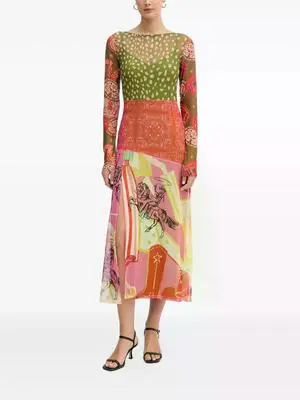 NEVER FULLY DRESSED Mixed-print Side-slit Midi Dress - Orange