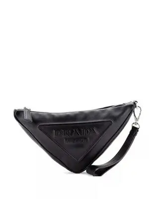 Prada Triangle Logo Wristlet Pouch Embossed Leather Clutch Bag
