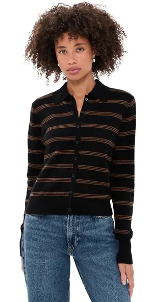 WHITE & WARREN Cashmere Striped Cardigan - Black/cedarwood