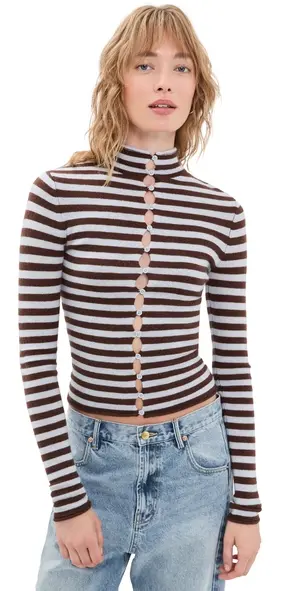 GUIZIO Fitted Knit Crew Neck - Blue/brown Stripe