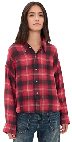 Denimist Bailey Cropped Button Down Shirt - Red Black Plaid